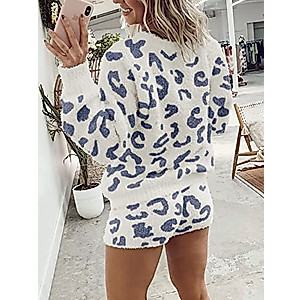 MEROKEETY Women's Cozy Fuzzy Fleece Leopard Pullover Nightwear Casual Crewneck Matching Loungewear Pj Sets,DustyBlue,XL