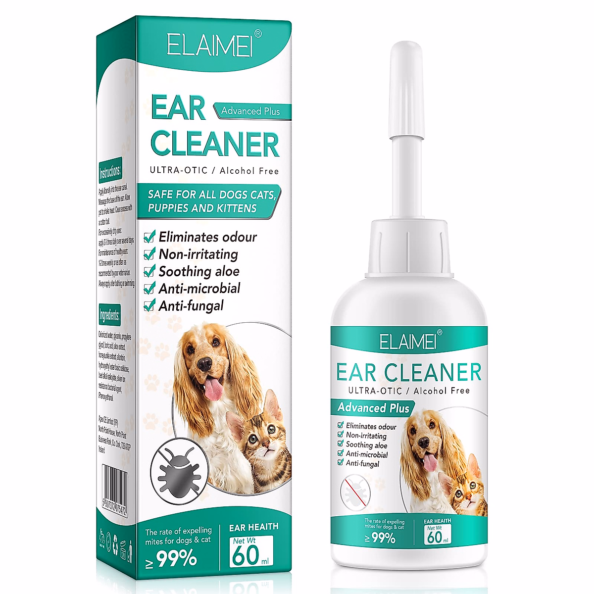 Dog Ear Cleaner, Dogs Ear Infection Treatment, Ear Wash Drops for Dogs Cats, Supports Soothes Infections Itching & Inflamed Ears, Natural Multi-Action Formula, Pet Ear Cleanser for All Dogs - 60ml