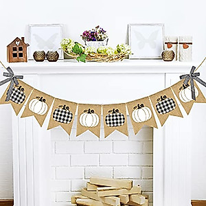 Doumeny Plaid Pumpkin Burlap Banner Buffalo Check Fall Banner Jute White Pumpkins Bunting Garland Autumn Harvest Bunting Flag Thanksgiving Party Banner for Home Wall Mantel Fireplace Farmhouse Decor