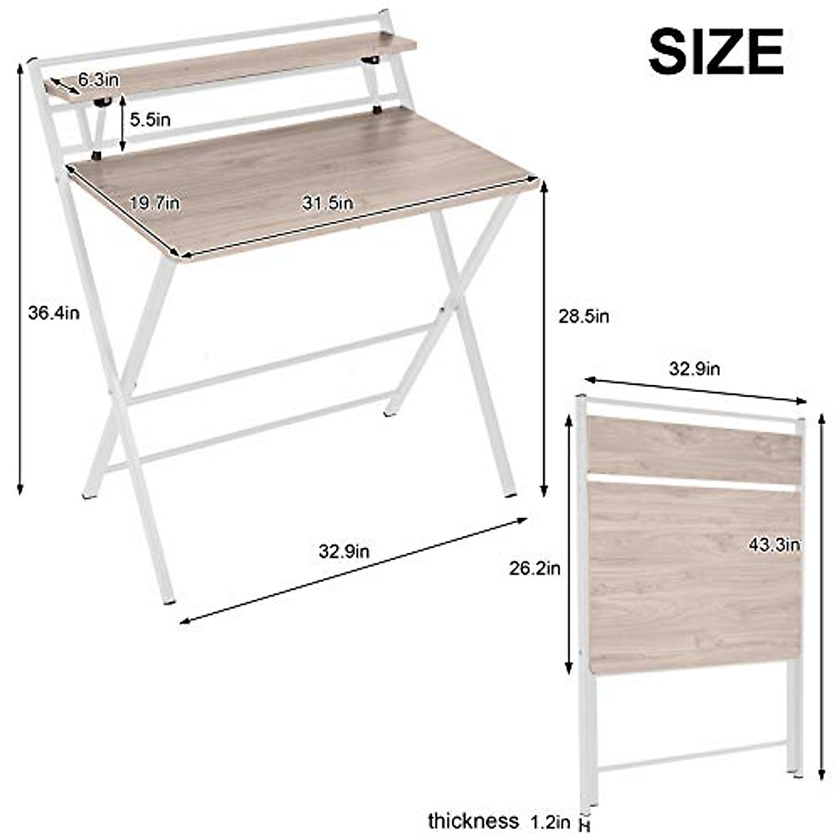 Wdminyy Folding Desk for Small Space Computer 2 Tier Foldable Table with Shelf,Metal Frame,Wood Top Laptop Table for Home Office Study Desk Workstation,Kids Desk,No Assembly Needed,31.5" x 19.7"