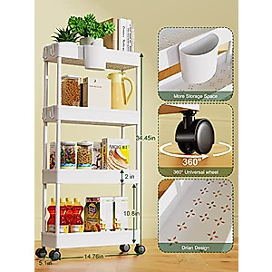 LEHOM 5.1" Slim Storage Cart - 4 Tiers Bathroom Organizer Mobile Shelving Unit Storage Rolling Utility Cart Slide Out Organizer for Kitchen Bathroom Laundry Narrow Places, White