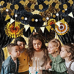 ZERODECO Gold and Black Party Decorations, Hanging Paper Fan Pom Poms Pennant Garland String Banner Fringe Curtains Birthday Parties Graduation Wedding Happy New Year Eve Party Decorations