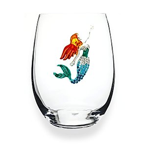 THE QUEENS' JEWELS Mermaid Jeweled Stemless Wine Glass, 21 oz. - Unique Gift for Women, Birthday, Cute, Fun, Beach, Not Painted, Decorated, Bling, Bedazzled, Rhinestone
