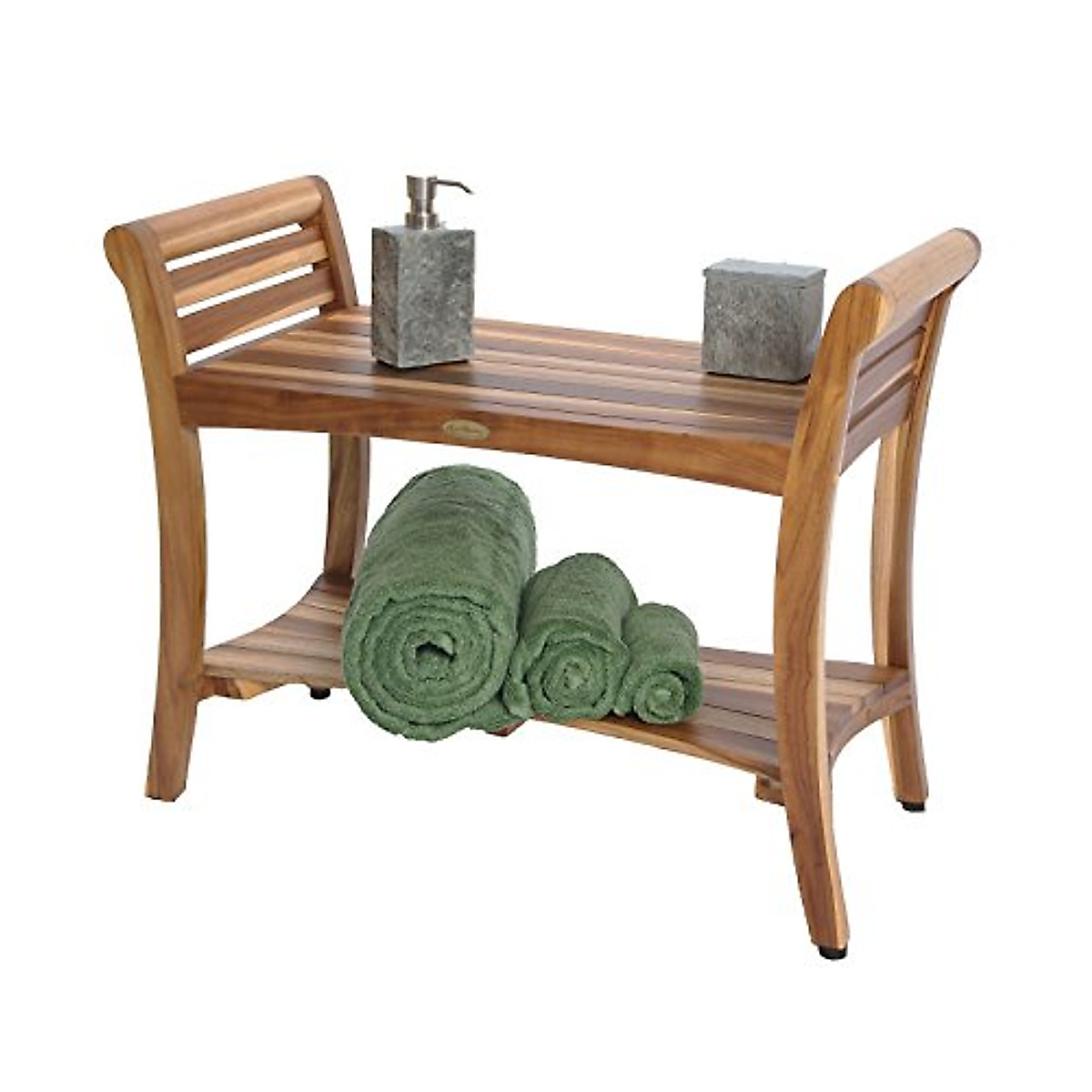 EcoDecors Symmetry Shower Bench Natural Teak Wood Shower Bench with Shelf and LiftAide Arms 30" Long Wood Shower Stool in EarthyTeak Finish for Indoors and Outdoors