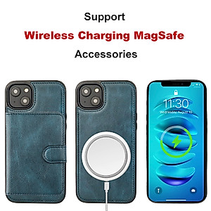 Bocasal Wallet Case for iPhone 14 Compatible with MagSafe Magnetic RFID Blocking Detachable Premium PU Leather Flip Case with Card Slots Holder Kickstand Wireless Charging 6.1 Inch (Blue)