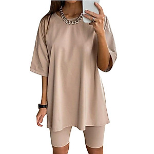 Glamaker Women 2 Piece Outfit sets Casual Oversized T-Shirt Tops Biker Shorts Workout Sport s Tracksuit Khaki X-Large