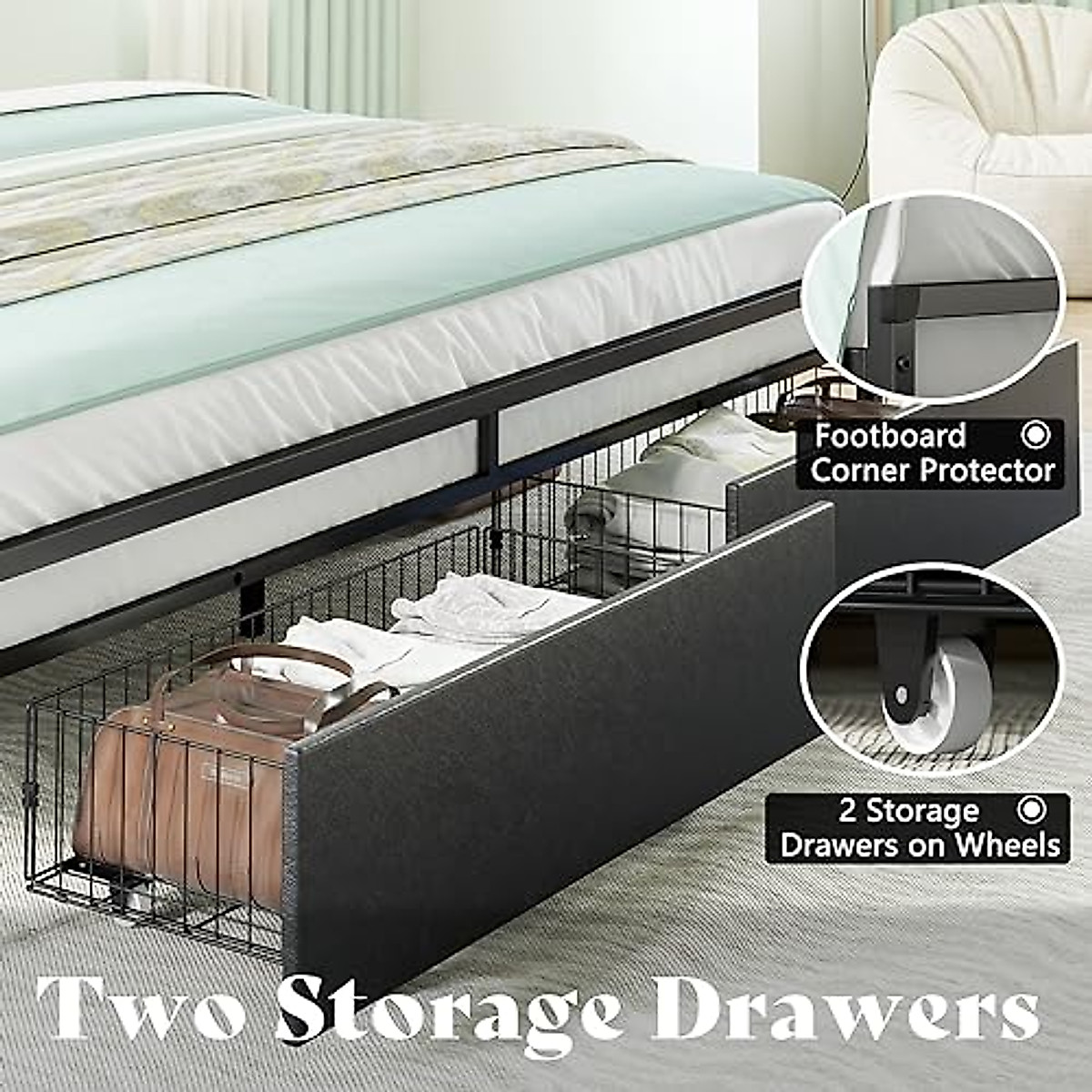 amerlife LED Bed Frame with Drawers, Full Platform Bed Frame with 2-Tier Storage & Leather Upholstered & Charging Station Headboard, No Box Spring Needed, Noise Free, Easy Assembly, Black