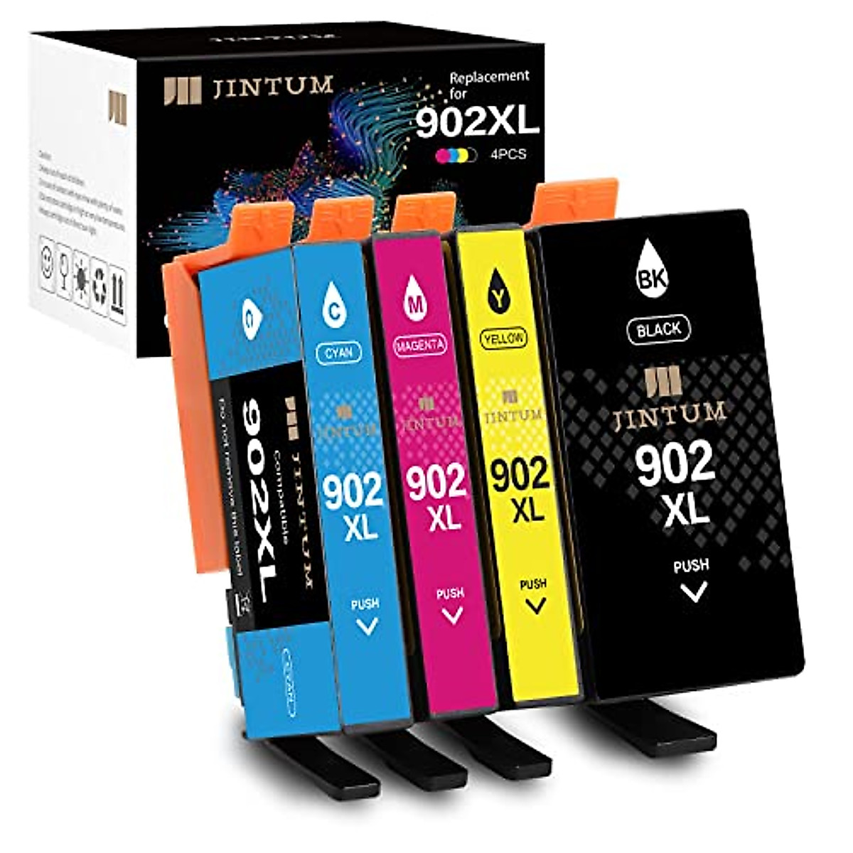 JINTUM Compatible 902XL Ink Cartridges for HP 902 902XL Ink Cartridges Combo Pack for use with HP OfficeJet 6962 6958 6954 OfficeJet Pro 6978 6968 6970 6975 6960(Black, Cyan, Magenta, Yellow, 4-Pack)