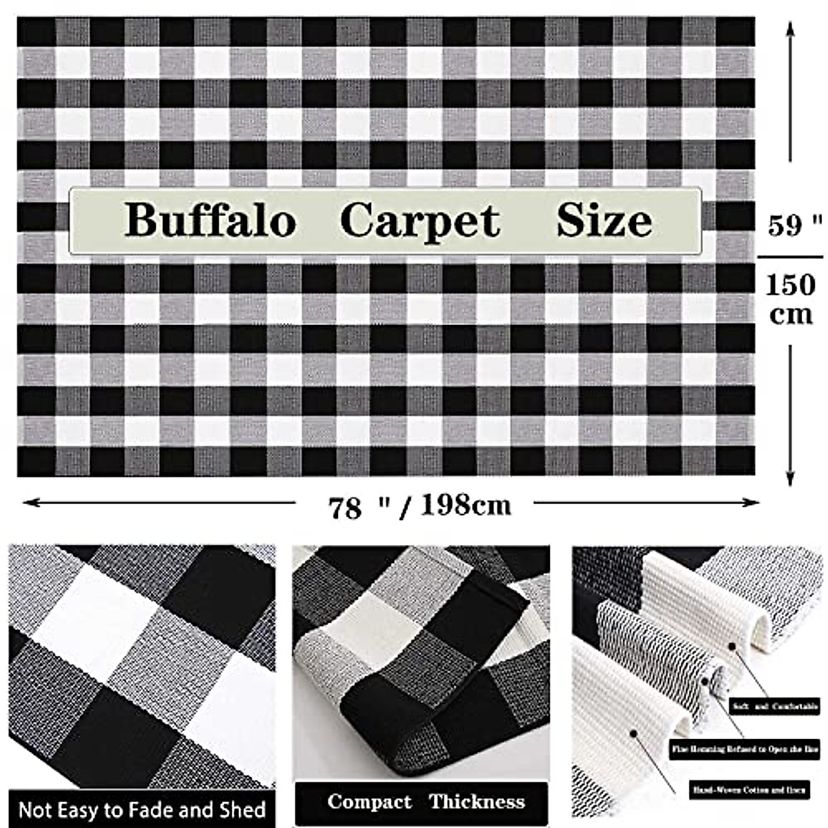 HOYIJA Buffalo Plaid Outdoor Rug 5 'x 7' Black and White Checkered Rug,Cotton Hand-Woven Indoor or Outdoor Check Large Area Rugs, Washable Rugs for Living Rooms/Dining Room/Bedroom/Farmhouse (5＇×7＇)