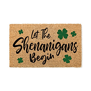Let the Shenanigans Begin Shamrock Doormat | St. Patrick's Day Housewarming Gift Door Mat | Premium Quality, Thick 100% Coir Coconut Husk Front & Made in the USA - Doormat