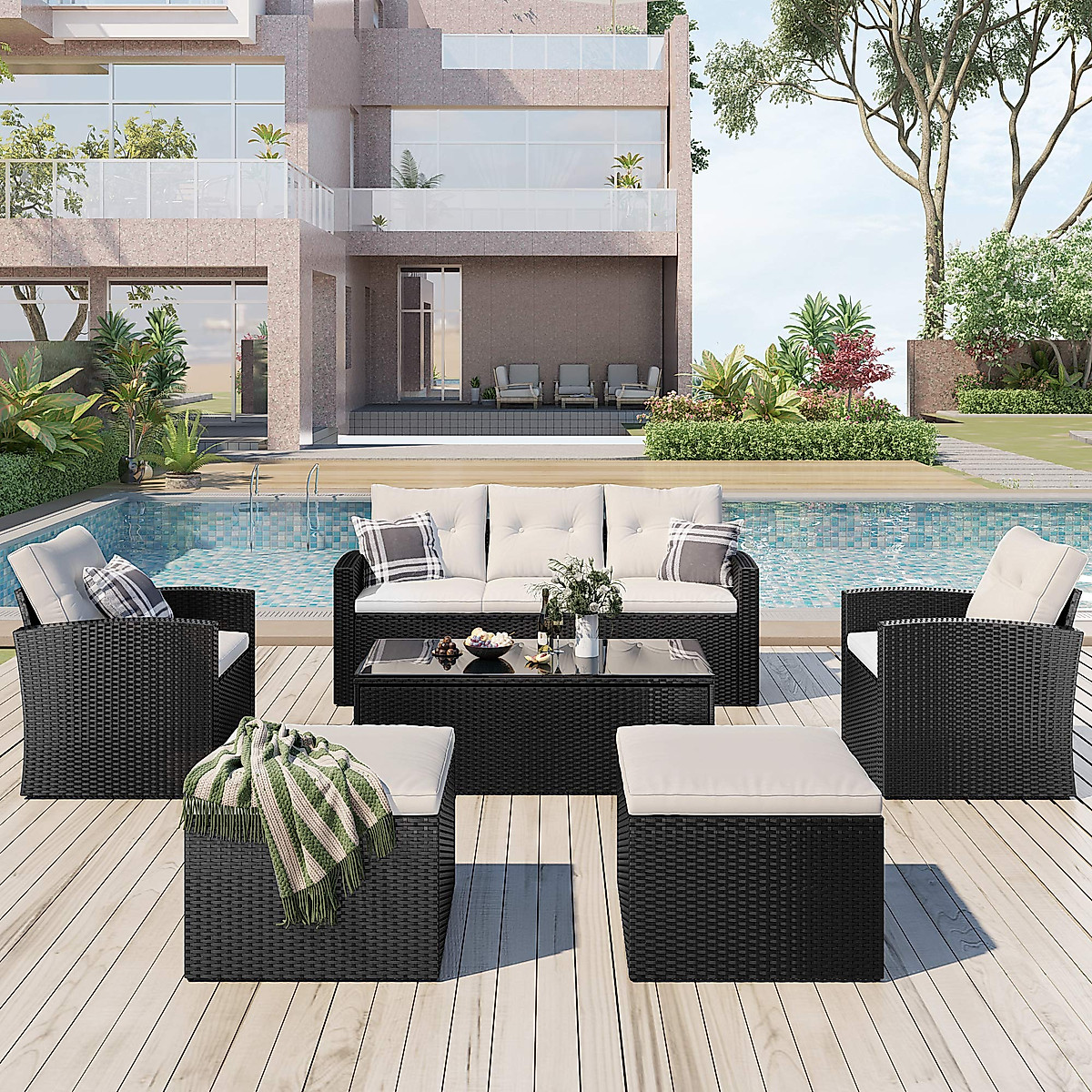 JIVOIT 6 Piece Outdoor Dining Sectional Sofa Set, All-Weather Wicker PE Rattan Furniture Sets with Coffee Table/Ottomans/Removable Cushions, Patio Conversation Set (Black Wicker, Beige Cushion)