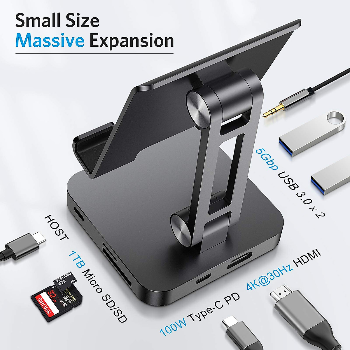USB C Hub Stand, 7 in 1 USB C Multiport Adapter with 4K@30Hz HDMI, 100W Power Delivery, Micro SD Card Reader, 5Gbp USB 3.0, Headphone Jack, Tablet, Phone, Adjustable Type C Hub for iPad Pro Mac Chrome