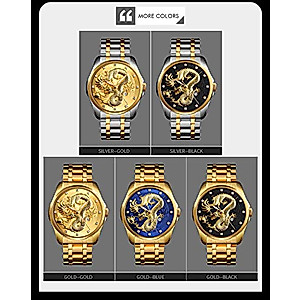 Men Boy Luxury Gold Chinese Dragon Carved Dial Diamond Quartz Watch Casual Waterproof Sport Stainless Steel Wristwatch (Gold Blue)