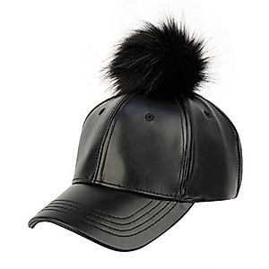 Faux Leather Five Panel Pom Pom Baseball Cap ,Black/Black,One Size