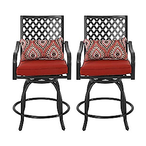 Nuu Garden 3 Piece Swivel Patio Bar Set, High Iron Outdoor Furniture Set Wide Outdoor Bar Stools, Bar Height Chairs with Seat Cushion and Armrest for Garden, Backyard, Patio and Poolside, Red