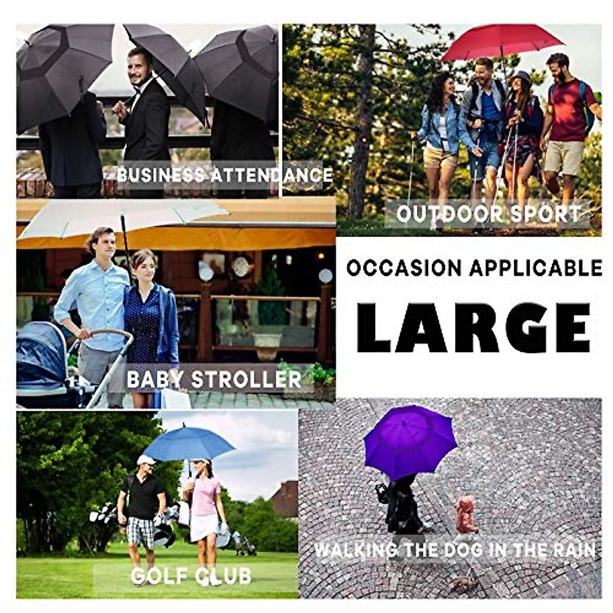 MRTLLOA 6 Pack 62/68 Inch Automatic Open Golf Umbrella, Extra Large Oversize Double Canopy Vented Windproof Waterproof Stick Umbrellas for Rain(62 Inch, Black)