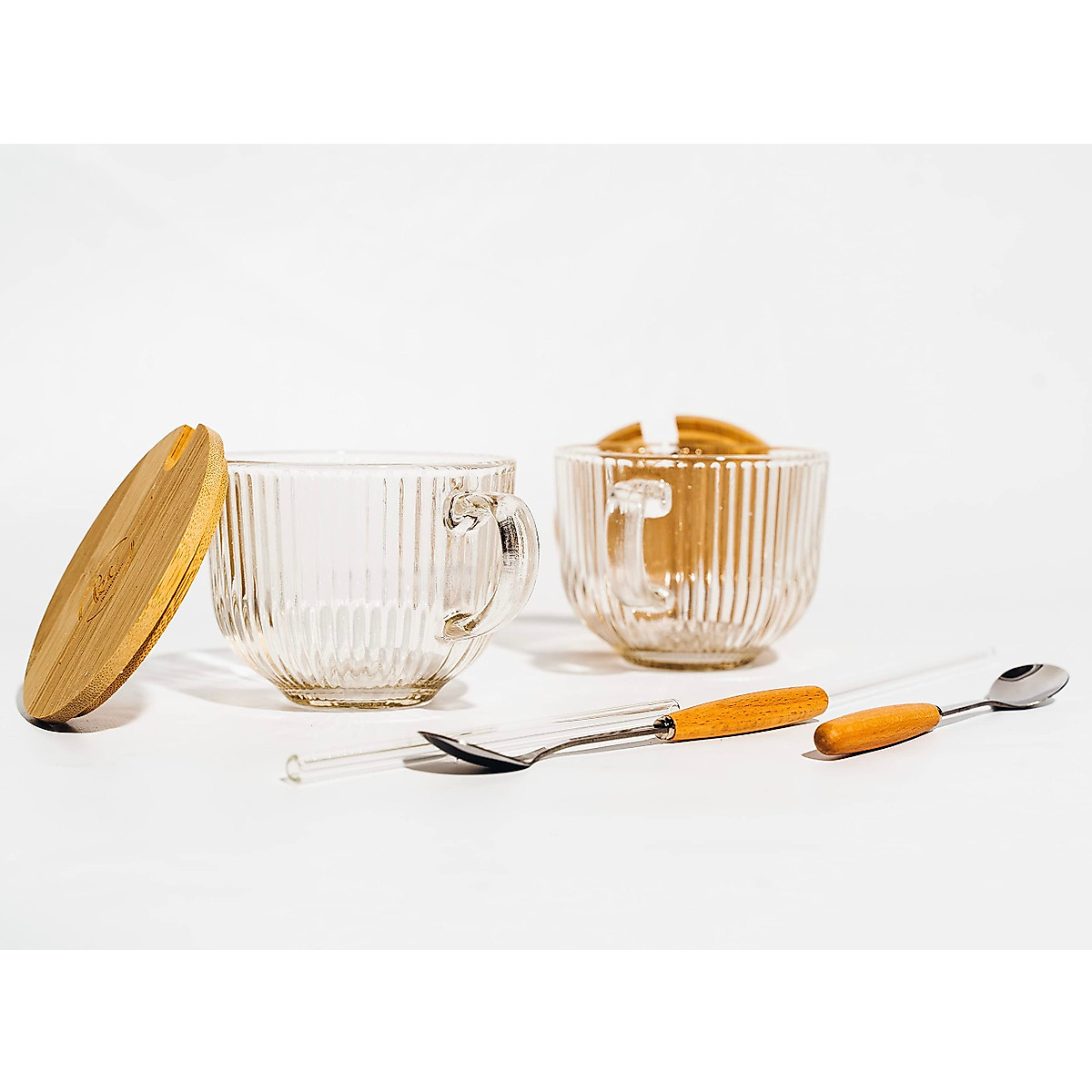 KC 2pc Glass Coffee Vintage Mug Set With Bamboo Lid And Glass Straw - 15oz Jumbo Glass Cup With Stainless Steel + Bamboo Spoon And Glass Straw - Glass Snack Bowl With Spoon