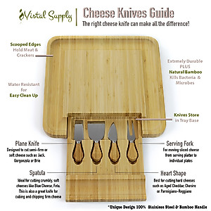 Vistal Cheese Board and Knife Set, Bamboo Charcuterie Board with Slide-Out Drawer and Stainless Steel Knives