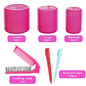 Jumbo Size Self Grip Hair Rollers Set, Salon Hair Set,with Hair Dressing Curlers (Jumbo, Large, Medium), Folding Pocket Comb, Duckbill Clips