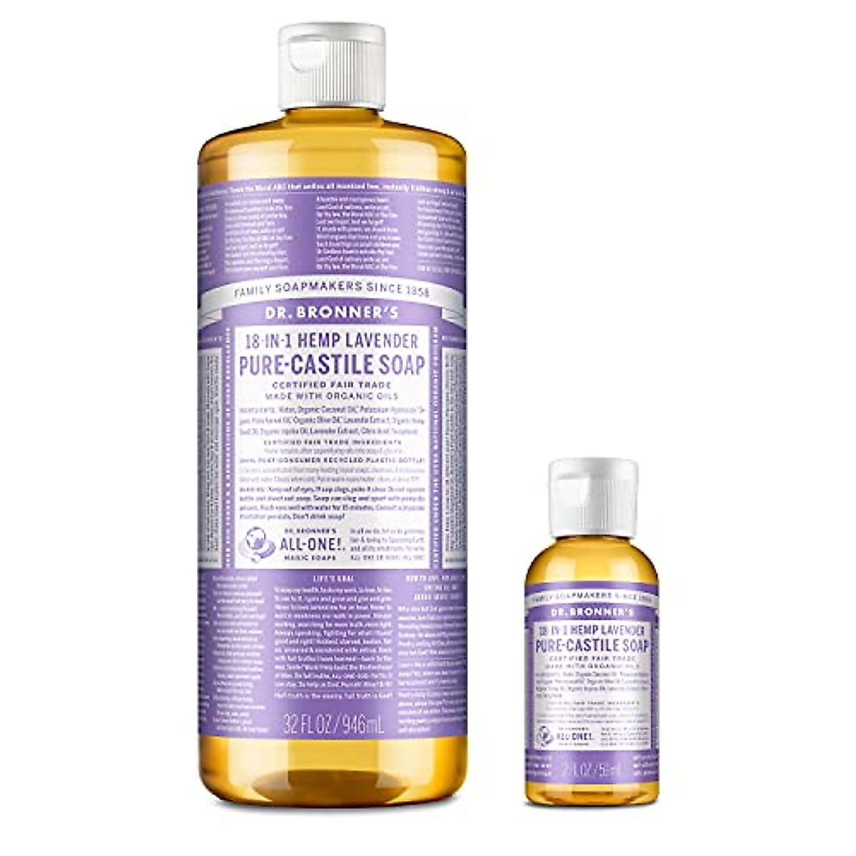 Dr. Bronner's Pure-Castile Liquid Soap – Lavender Bundle. 32 oz. Bottle and 2 oz. Travel Bottle
