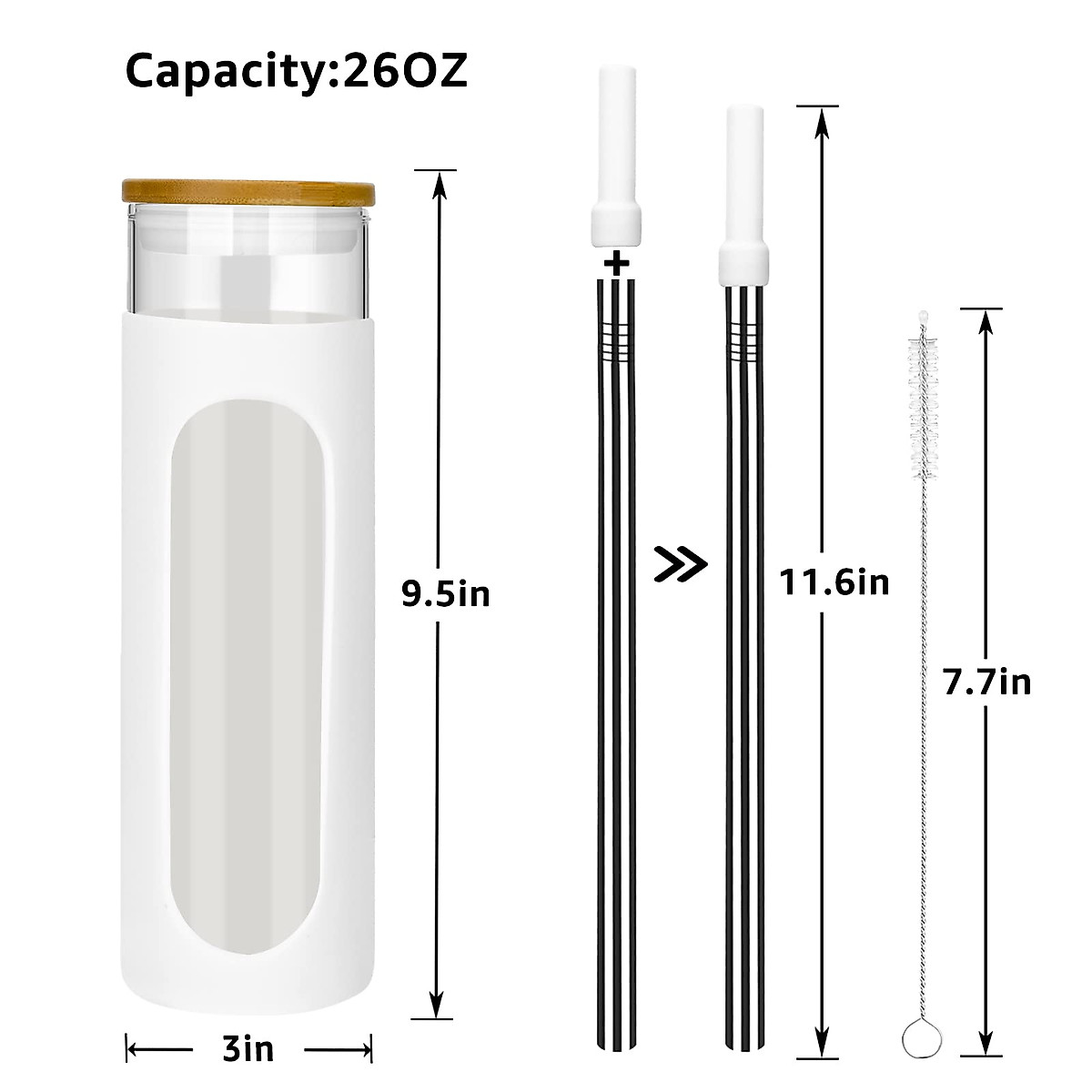 Tronco 26oz Glass Tumbler with Bamboo Lid and Straw, Glass Cup For Boba,Iced Coffee,Smoothie, Spill Proof Glass Water Bottle With Silicone Protective Sleeve, Dishwasher Safe,BPA Free