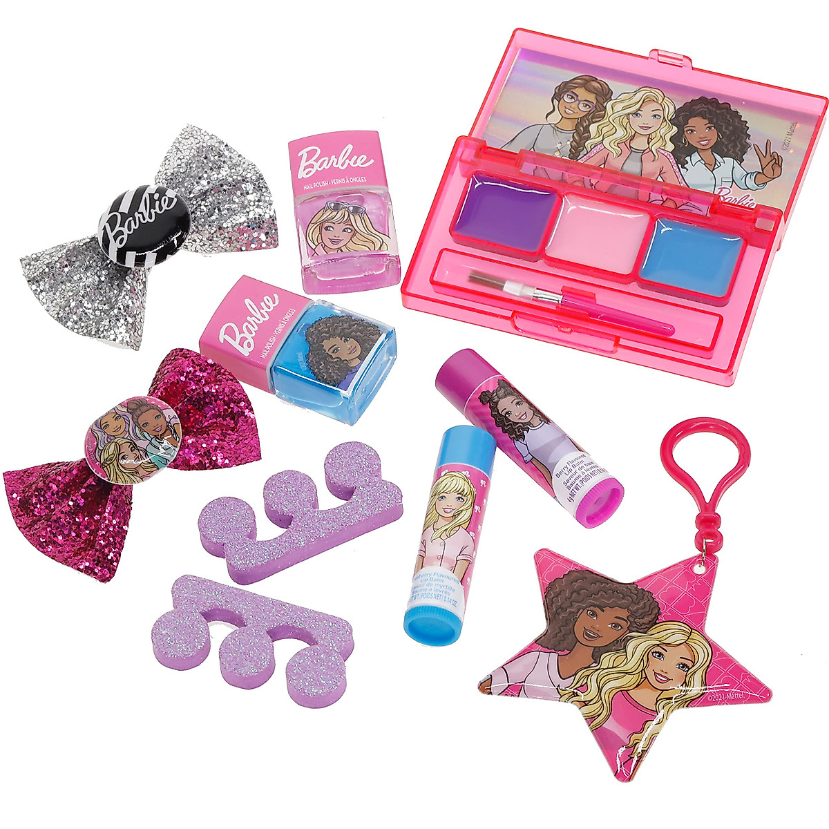 Barbie - Townley Girl Backpack Cosmetic Makeup Gift Bag Set 12 Pcs includes Lip Gloss, Nail Polish & Hair Accessories for Kids Teen Tween Girls, Ages 3+ perfect for Parties, Sleepovers and Makeovers