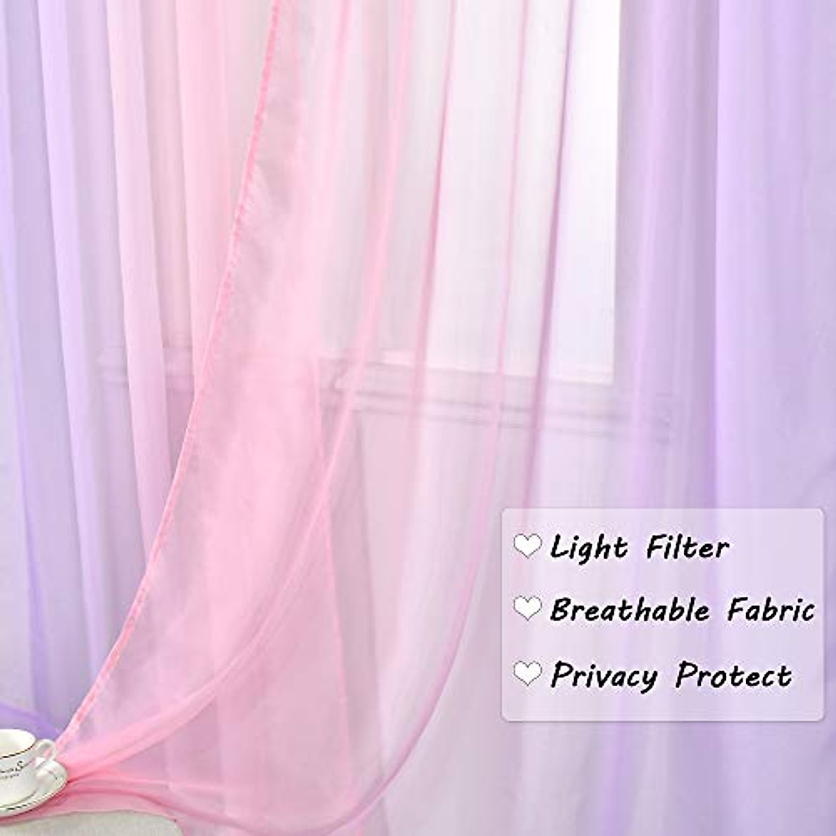 Ombre Sheer Curtains 63 Inch Length Purple Pink Sheer Curtains Two-Tone Gradient and Decorative Rod Pocket Window Curtains Panels for Parlor for Bedroom Girls Room Kids Babies Nursery 52 x 63 Inch