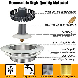 Anlige Kitchen Sink Drain Strainer,3 in 1 Pop Up Kitchen Sink Stopper,Made of Brass Material,with an Extra Basket Strainer,Sink Bounce Core Drain Strainer,Universal for US Standard 3-1/2 Inch,Silver