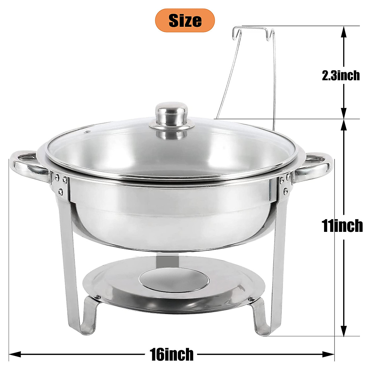 HORESTKIT Large 8QT Chafing Dish Buffet Set Stainless Steel Round Chafers and Buffet Warmers Set with Glass Viewing Lid and Big Lid Hook, Foldable Complete Food Warmer Set