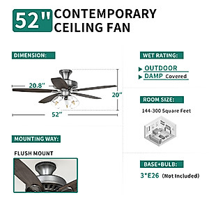 YITAHOME Farmhouse Ceiling Fan with Light and Remote, 52 Inch Low Profile Flush Mount Ceiling Fan with Clear Seeded Glass Light Kit, Quiet Reversible Motor, 3 Speed, Timer, Oak and Sliver