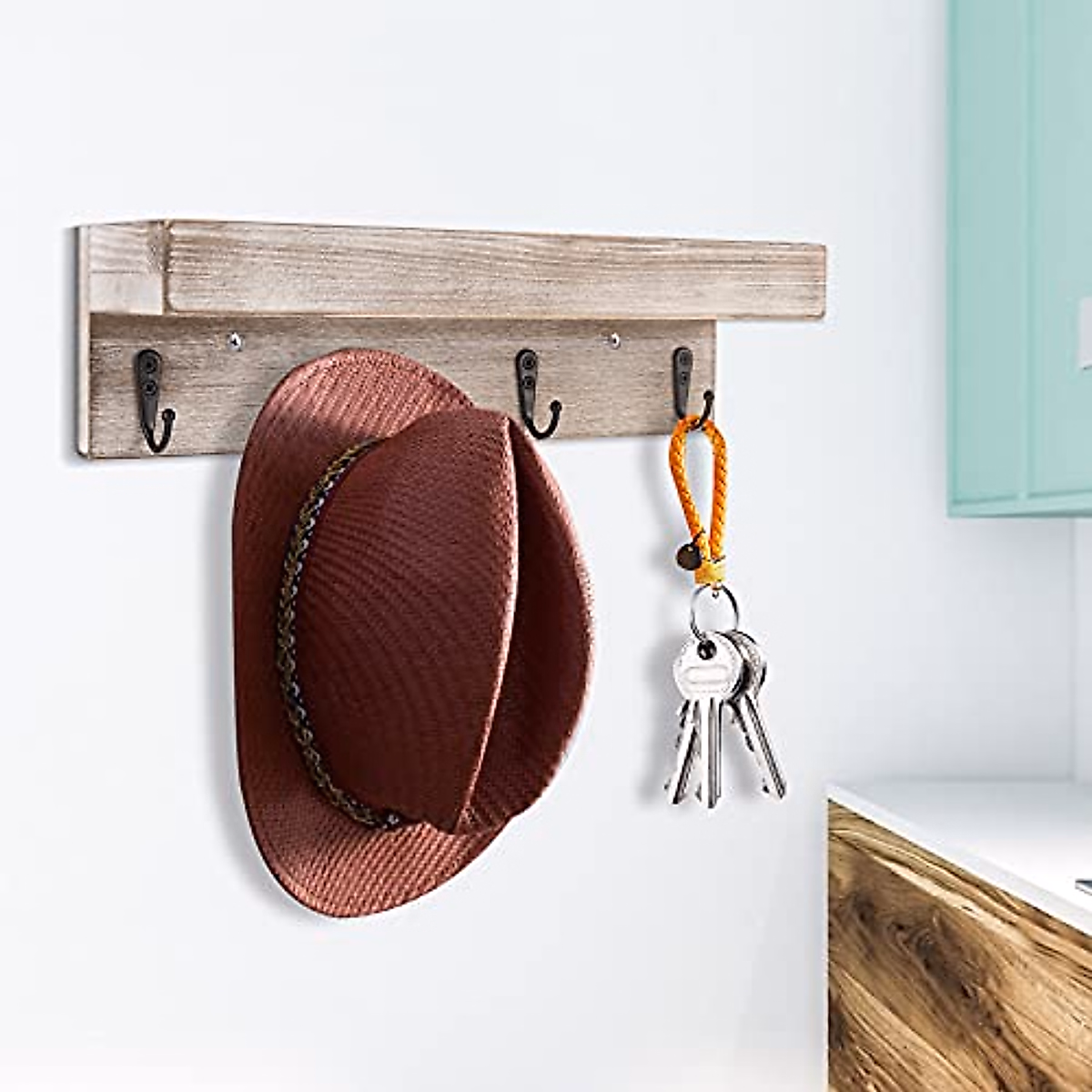 Flyisland Vintage Rustic Wood Wall Mounted Entryway Shelf with 4 Antique Metal Hooks (4 Hooks, Black)