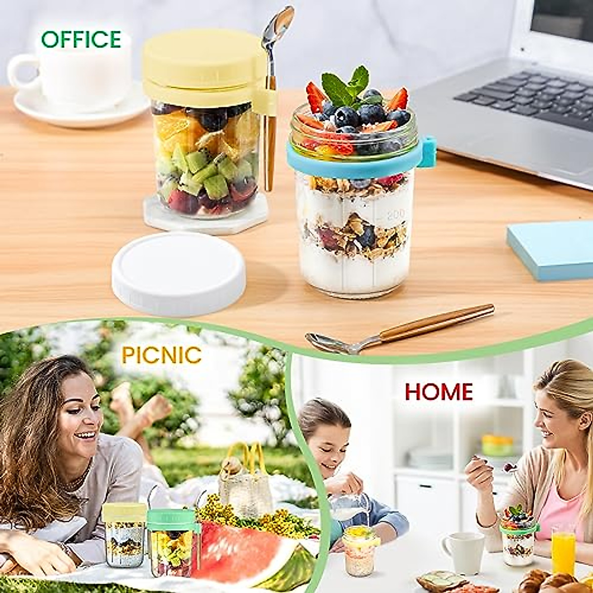 Tekuve 6 Pack Overnight Oats Containers with Lids and Spoon, Glass 16 oz Mason Jars with Airtight Lid for Overnight Oats Meal Prep