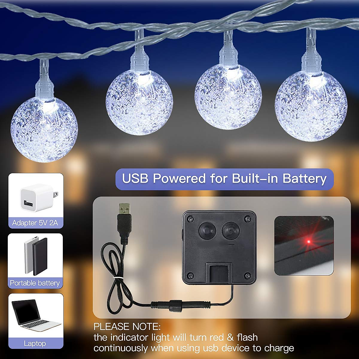 White String Lights Solar/USB Powered, 60LEDs 26Ft Crystal Globe Fairy Lights with Multi-Modes & Waterproof Function for Outdoor Garden & Indoor Room Decor