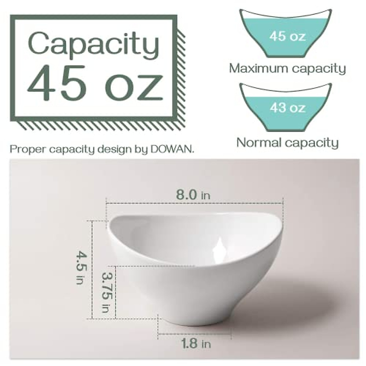 DOWAN 8 Inch Large Salad Bowls, 45 Oz Ceramic Serving Bowls, White Deep Bowls Set for Salad, Pasta, Soup, Ramen, Popcorn, Noodle, Pho, Gifts for Christmas,Set of 2