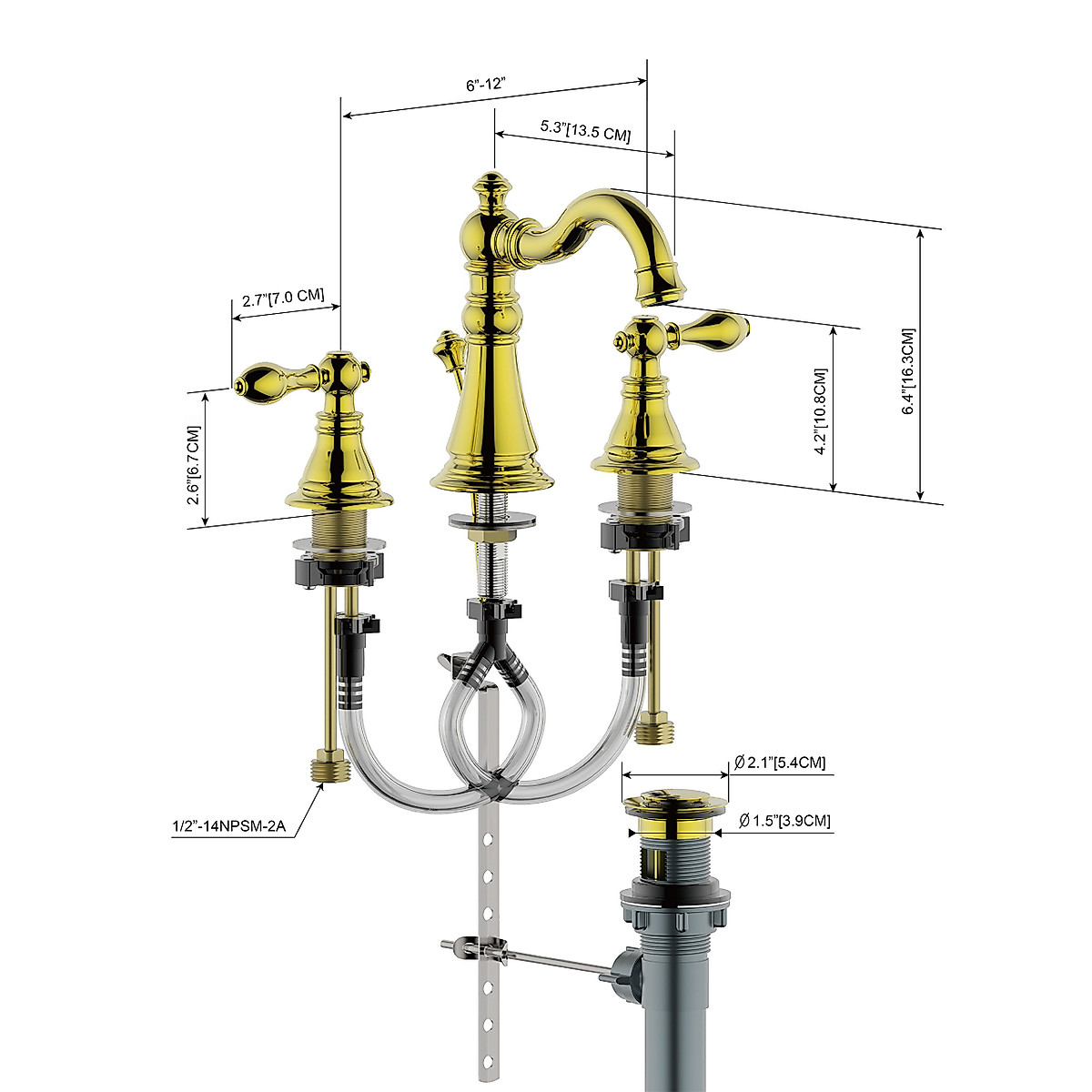 Derengge Gold Finish Bathroom Faucet 8 Inch Widespread Faucet Polished BrassTwo-Handle Sink Faucet 3 Hole with Brass Pop up Drain Assembly,Polished Brass F-8303-PB