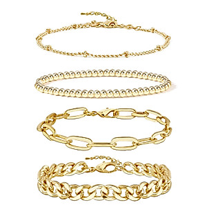 Gold Bracelets for Women14K Gold Plated Dainty Link Paperclip Bracelet Stack Gold Small Ball Beads Bracelets Adjustable Layered Metal Link Bracelet