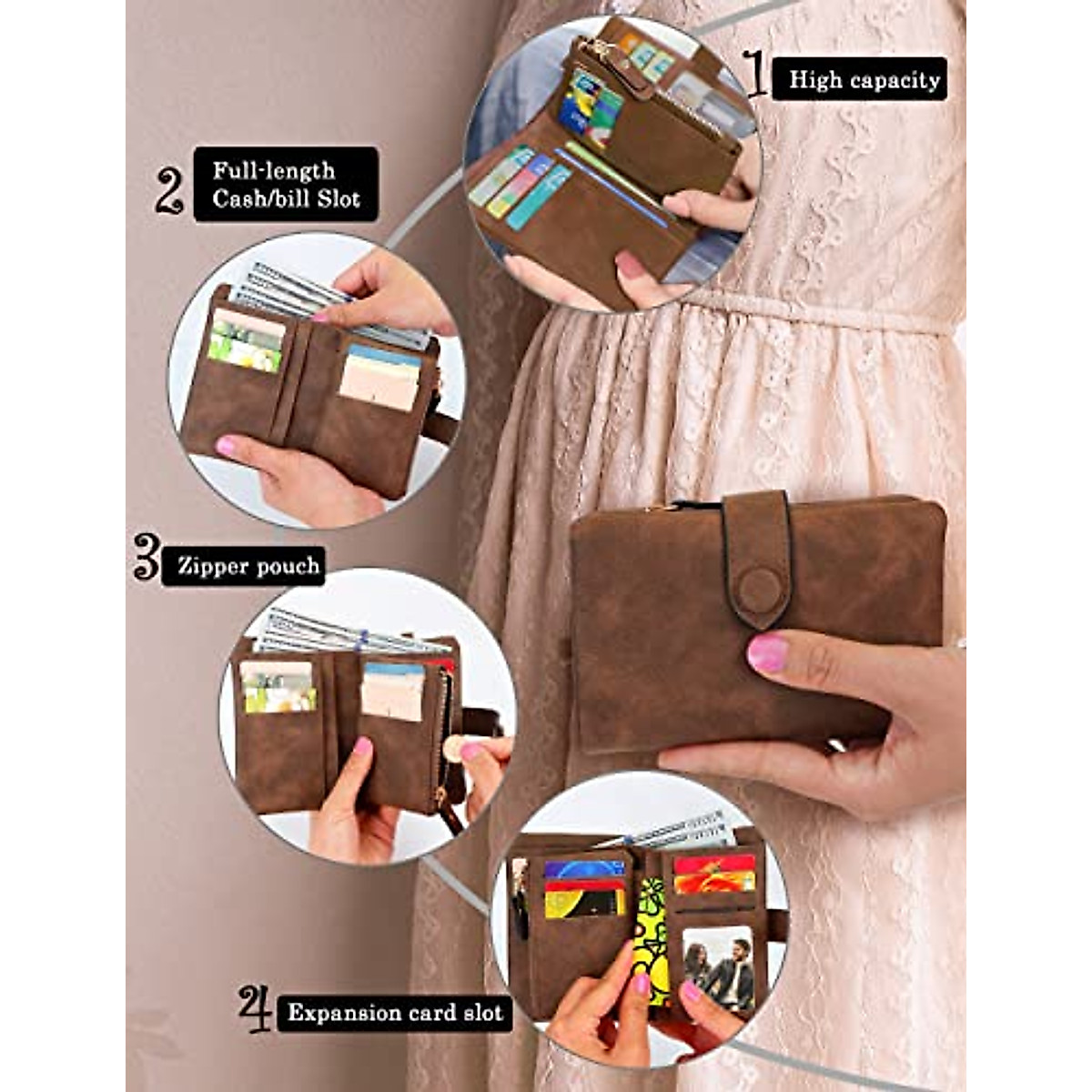 CONISY Small Womens Wallet with RFID Blocking, Leather Bifold Multi Card Organizer Wristlet Wallets for Women (Brown)