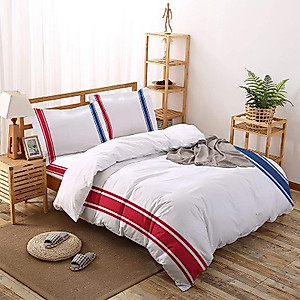 YOKOU Duvet Cover 4 Pieces Set American Independence Day July 4th Patriotic Red and Blue Stripe White Comforter Bedding Set with Zipper Closure Corner Ties California King