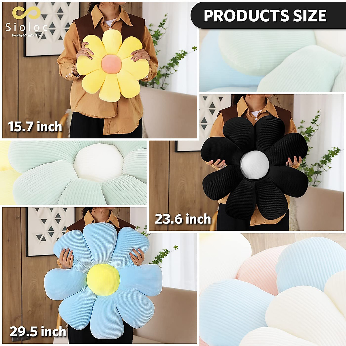 Sioloc Flower Pillow,Flower Shaped Throw Pillow Butt Cushion Flower Floor Pillow,Seating Cushion,Cute Room Decor & Plush Pillow for Bedroom Sofa Chair(Black,15.7'')