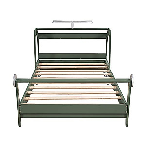 Polibi Helicopter-Shaped Twin Size Platform Bed with Rotatable Propeller and Storage Shelves, Solid Wood Twin Bed Frame, Box Spring No Required, Green