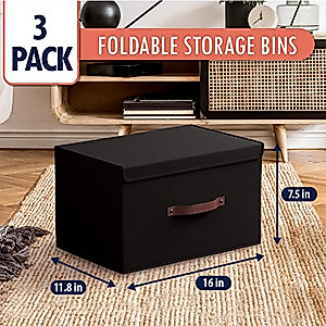 Ornavo Home Foldable Collapsible XLarge Storage Box Bins Linen Fabric Shelf Basket Cube Organizer with Leather Handles and Lid - Set of 3 - 16.5 x 11.8 x 7.5 - Black