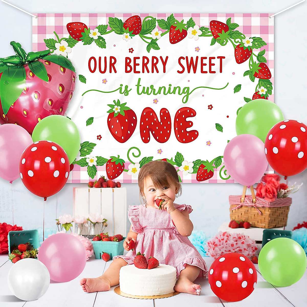 Vansolinne Strawberry First Birthday Decoration Berry First Birthday Party Set Balloons Backdrop Sweet One Party Supplies Photo Backdrop Banner Balloons Garland Decor Kit Party Decorations Supplies