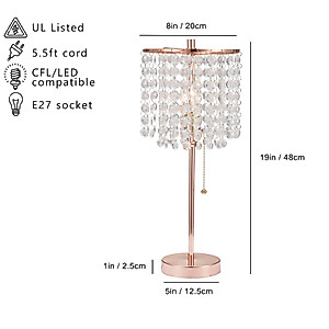 SH Lighting Crystal Inspired Table Desk Lamp - Features Convenient Pull Chain - 19" Tall Great for Bedrooms, Living Rooms, or Offices (Rose Gold)