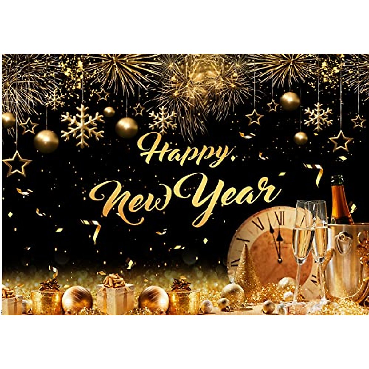CYLYH 7x5FT New Year Backdrop 2024 Happy New Year Backdrop Golden Particles Bokeh Backdrop Black and Gold Photography Background 2024 New Year Party Backdrops for Photography