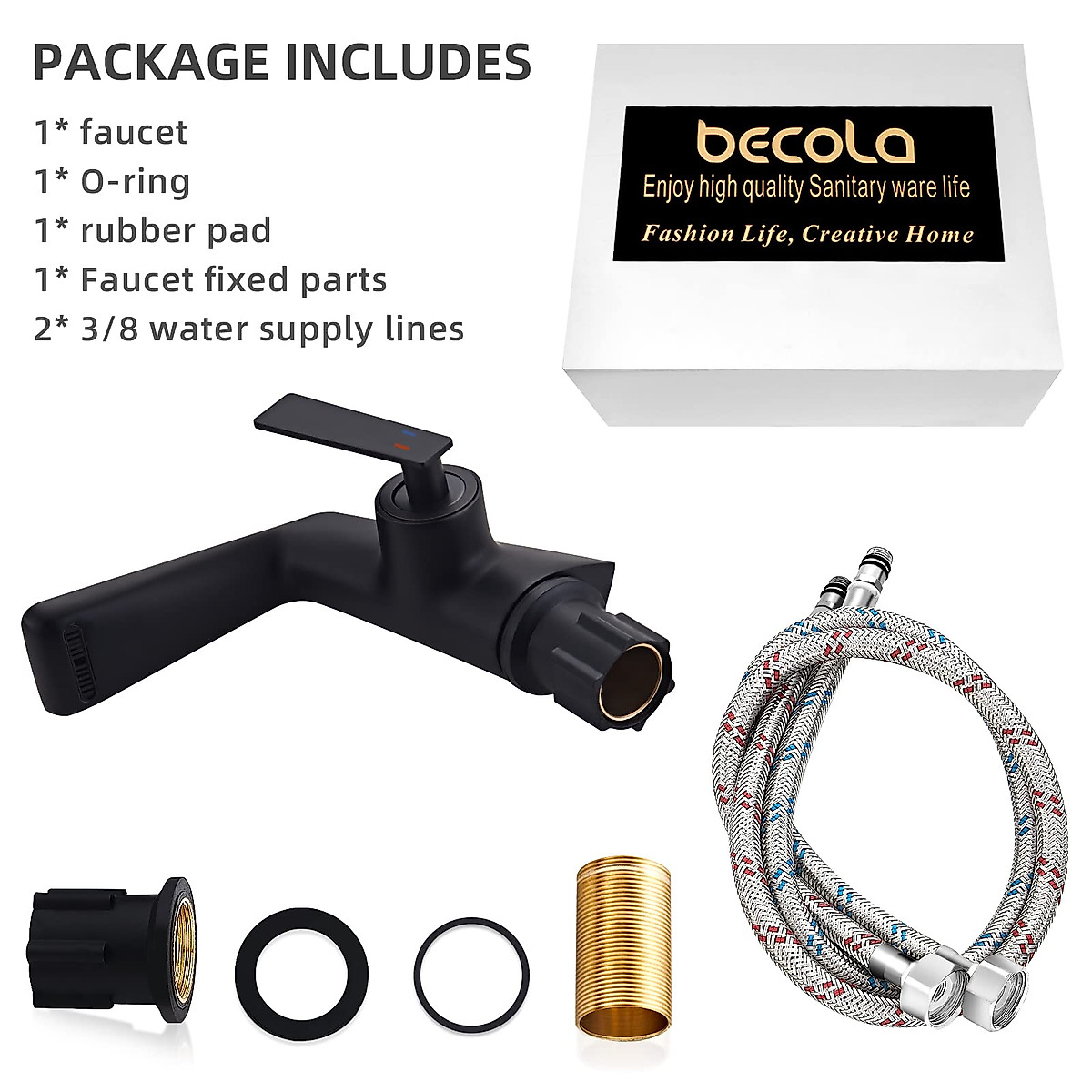 becola Black Bathroom Sink Faucets, Single Hole Faucets for Bathroom Sink, Modern Single Handle Bathroom Sink Faucet, Black Waterfall Brass Basin Faucet with 3/8” Supply Hoses-Black…