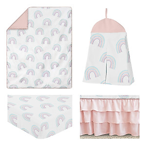 Sweet Jojo Designs Pastel Rainbow Baby Girl Nursery Crib Bedding Set - 4 pieces - Blush Pink, Purple, Teal, Blue and White