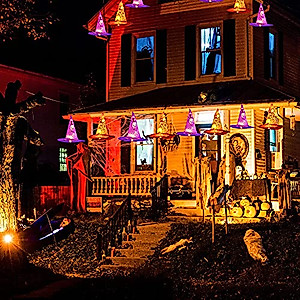 Dazzle Bright 8 Pcs Hanging Witch Hat String Lights, Light Up Waterproof Halloween Decorations with Remote Control for Outdoor Garden Party Carnival Supplies Decor