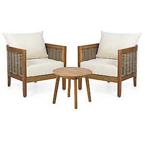 Merax Set Outdoor Acacia Wood Wicker 2 Club Chairs with Side Table,Patio Furniture Conversation Seat for Backyard, Beige
