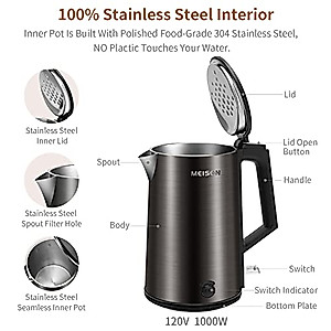 Electric Kettle Stainless Steel,1.0L Double Wall Electric Tea Kettle, Cool Touch Water Kettle & Hot Water Boiler for Boiling Water,Auto Shut-Off & Boil-Dry Protection,120V, 2 Year Warranty, Blue