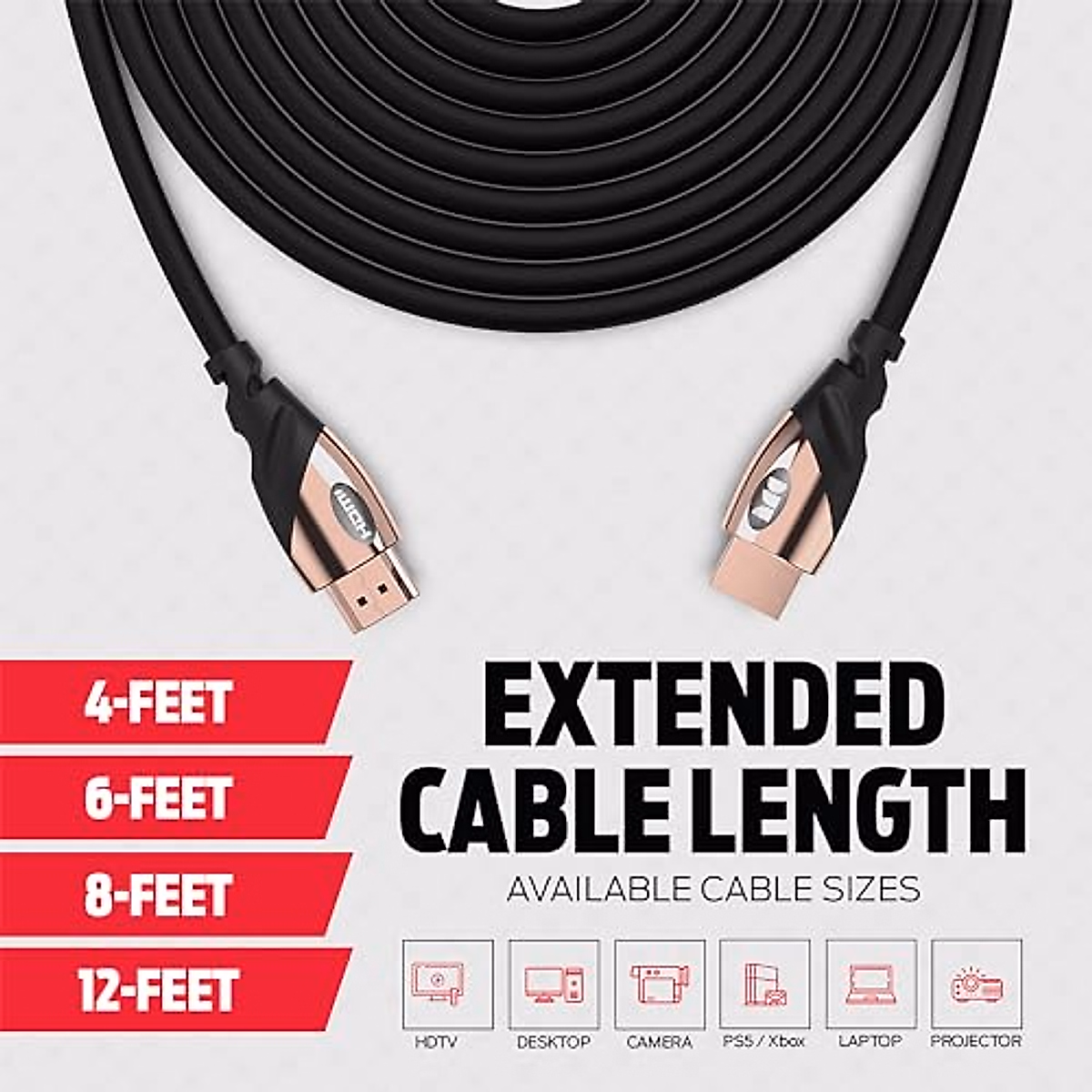 Monster 12Ft HDMI Electronic Cable 4K Ultra Hd with Ethernet Cord 60/120 Hz Refresh Speed 21Gbps 1080p Video Corrosion Resistant Gold Contact for Projector/Laptop/Monitor/Television/Personal Computer